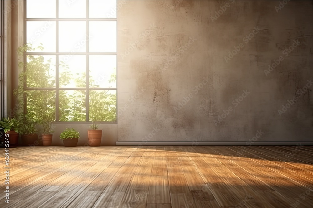 empty wall and wooden floor with interesting with glare from the window ...