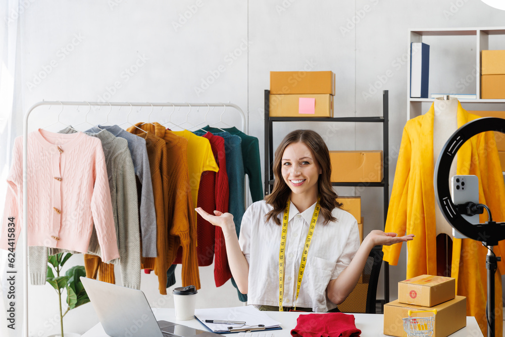 Beautiful woman describe selling clothes on camera live broadcast on ...