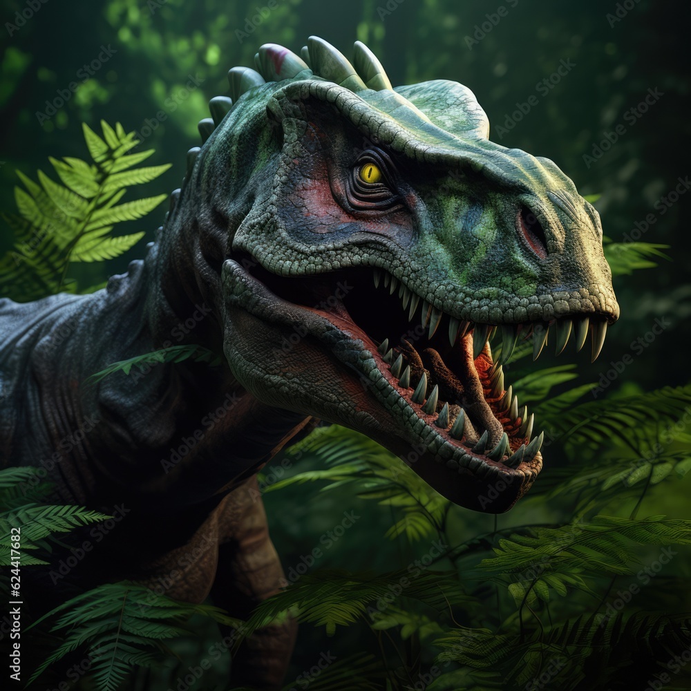 Headshot of dinosaur with plants in forest, created using generative ai ...