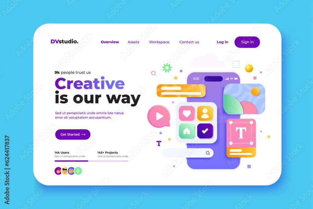 Landing page template of Design Agency. Web UI-UX design, web development concept. Modern 3D ...
