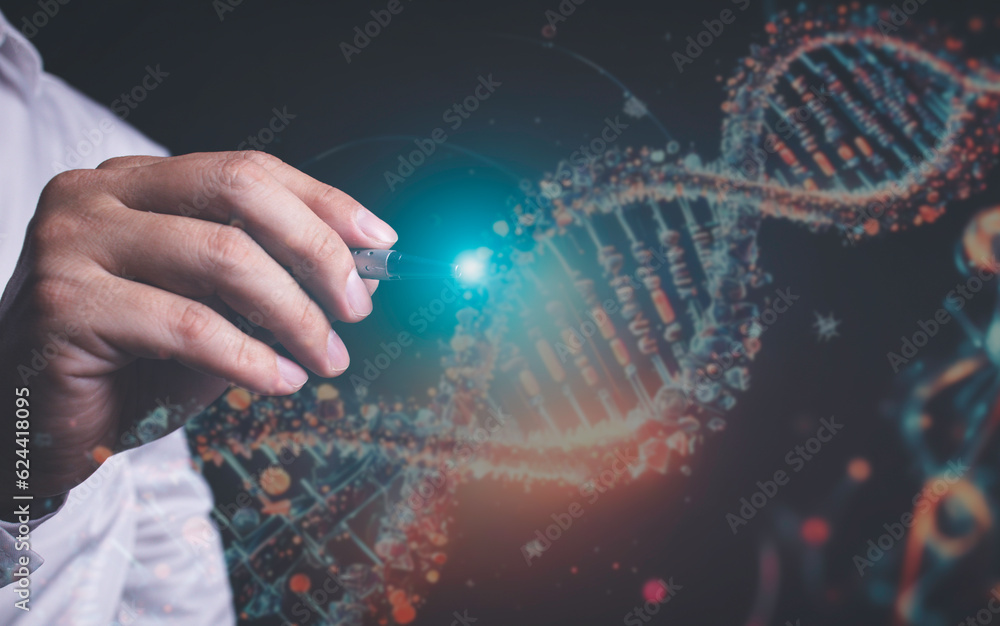 Finger touching DNA, genetically modified DNA, black background concept ...