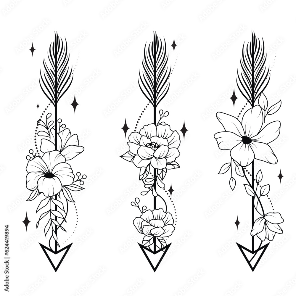 Set of arrows with flowers, branches with leaves, feather arrow, simple ...
