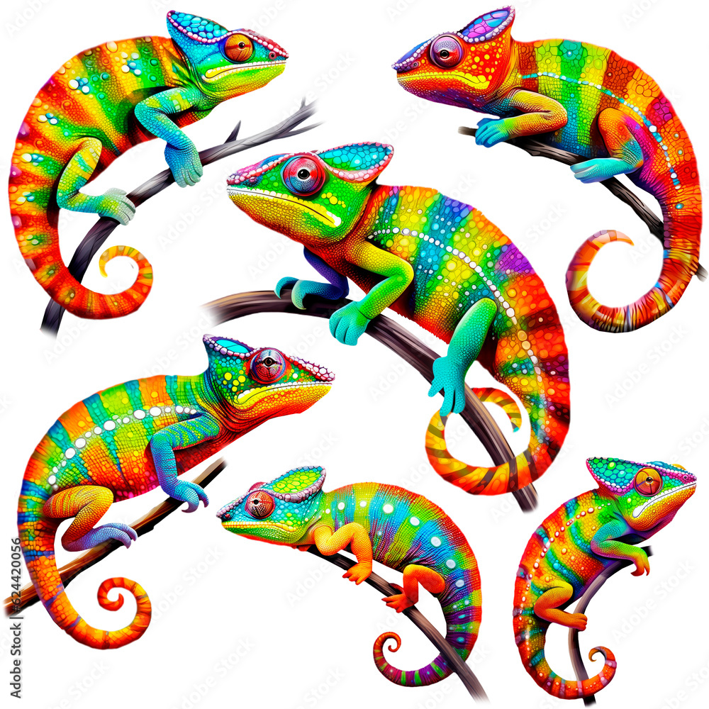 Set of colorful chameleons isolated on transparent background ...