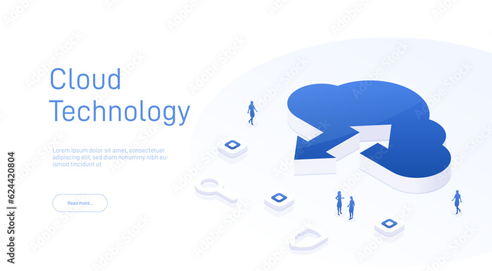 Cloud technology. Isometric cloud storage sign with two arrows up and ...