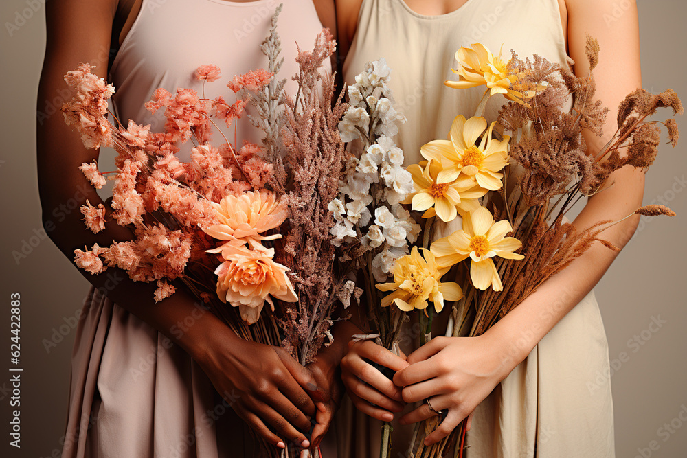 Two girls of different skin colors hold simple bouquets of flowers in ...
