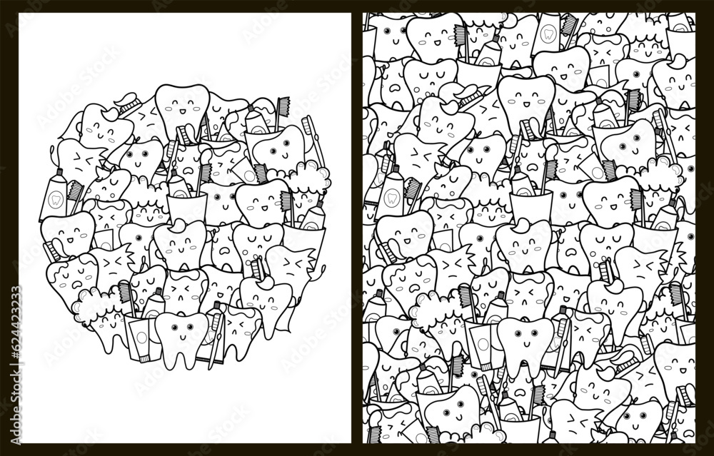Cute teeth characters coloring pages set in US Letter format. Funny ...