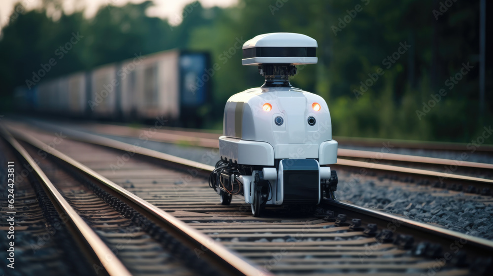 A railway robot diligently performing maintenance tasks on the tracks, demonstrating the ...