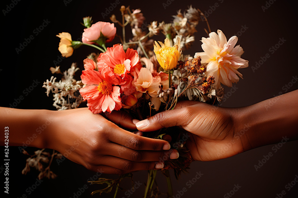 Hands of different skin colors hold flowers on a plain neutral ...