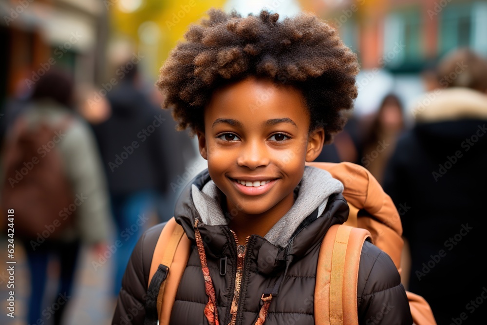 Afro american boy goes to school with a yellow backpack. A beautiful ...