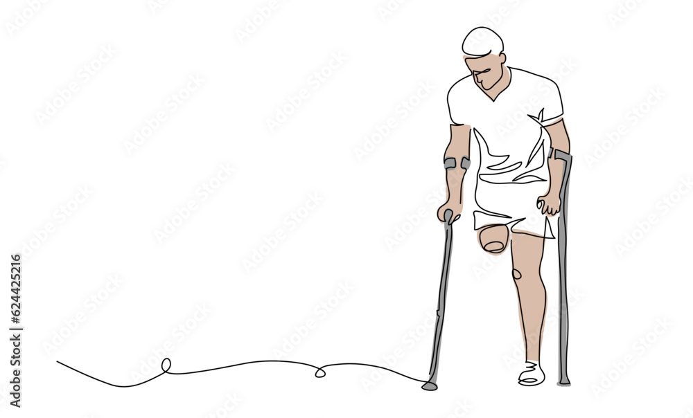Disabled man with amputated leg, limb use crutches for support and ...