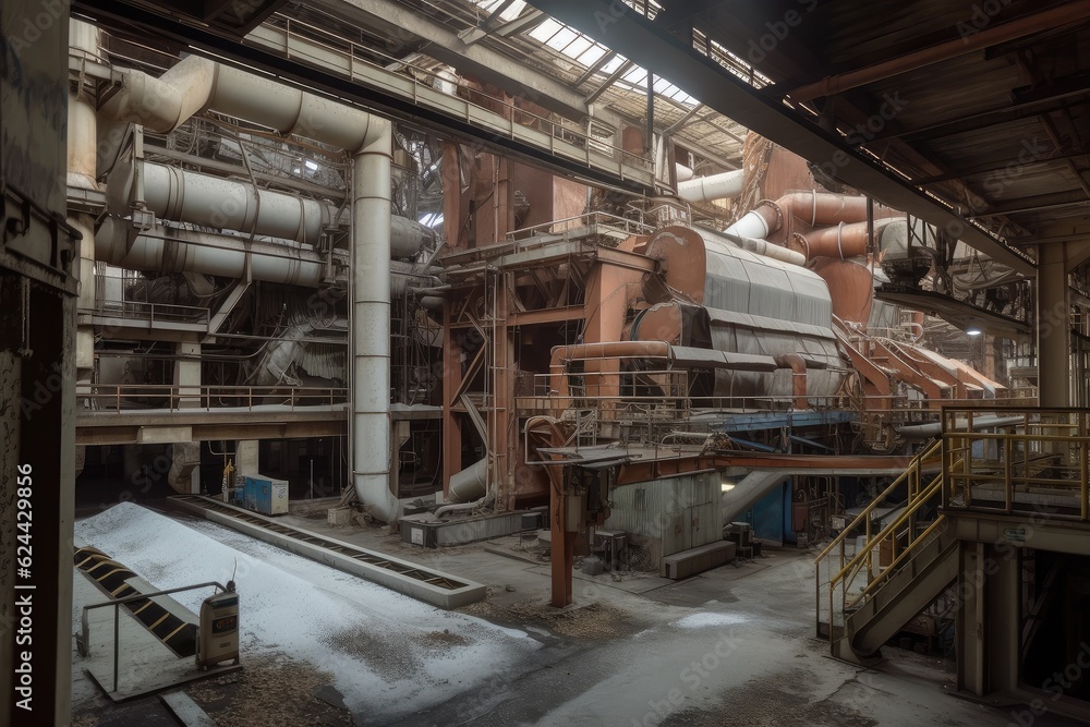 pulp and paper mill, with massive machines processing raw materials and ...