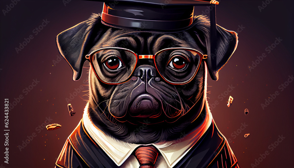 Cute funny pug professor wearing tie and graduation hat. Clever dog ...
