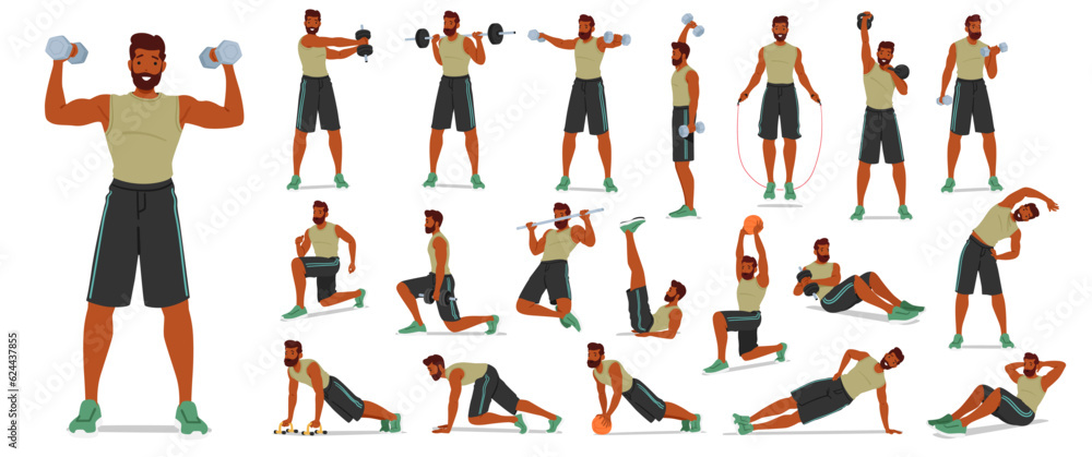 Fit Man Exercises, Demonstrating Strength And Endurance. Male Character ...