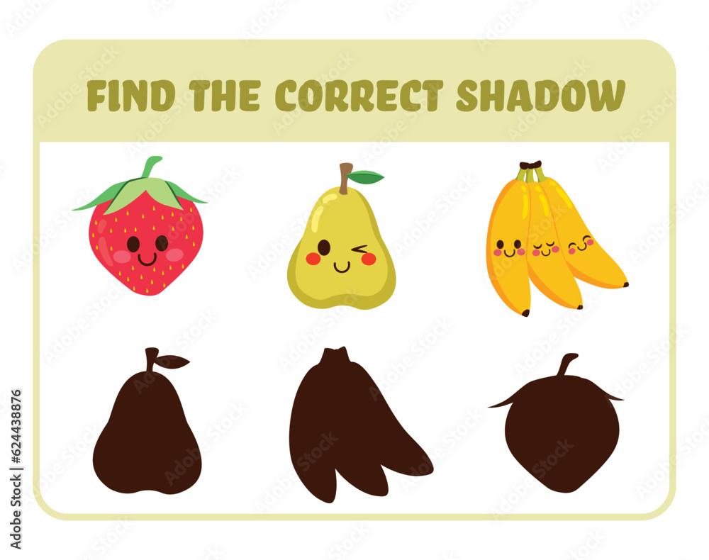 Vector illustration of three cute fruits. Find the correct shadow ...