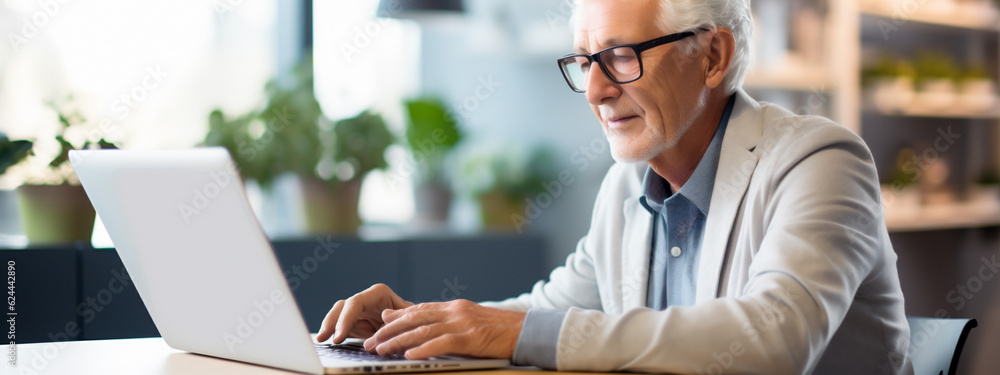 60-70 year-old grandfather working on computer. Older individuals ...