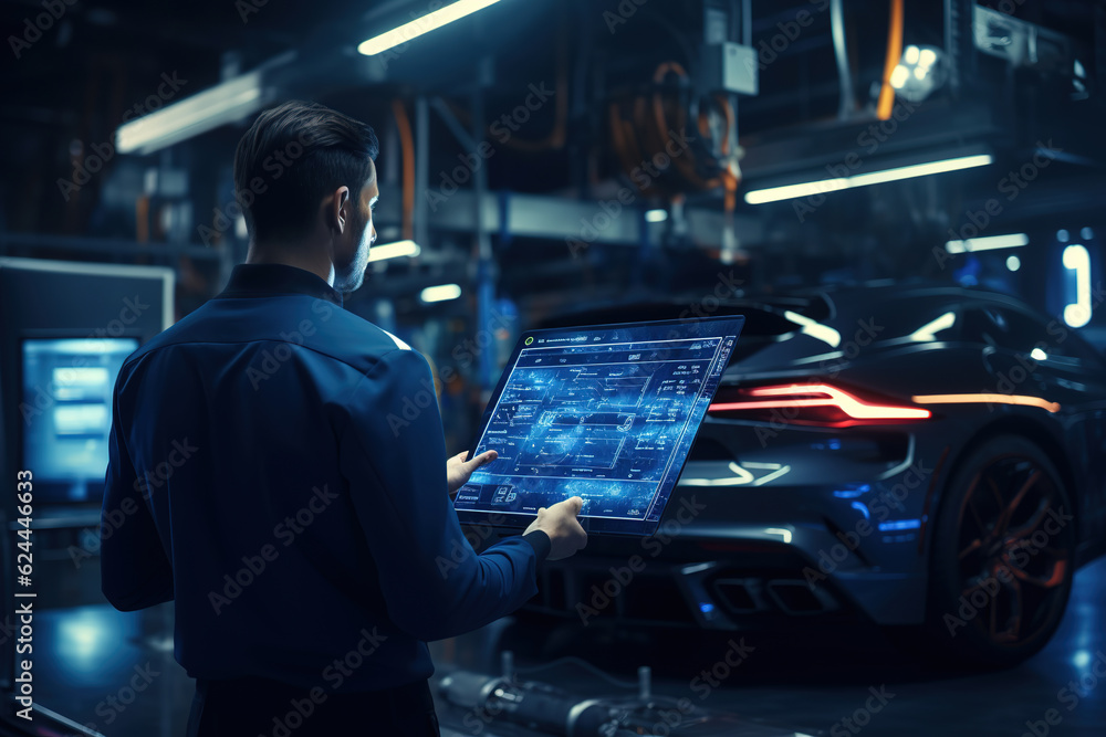 Automotive Engineer Working on Electric Car, Using computer with ...
