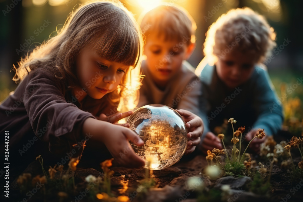 Earth's Embrace. Happy children hugging the Earth globe with their ...