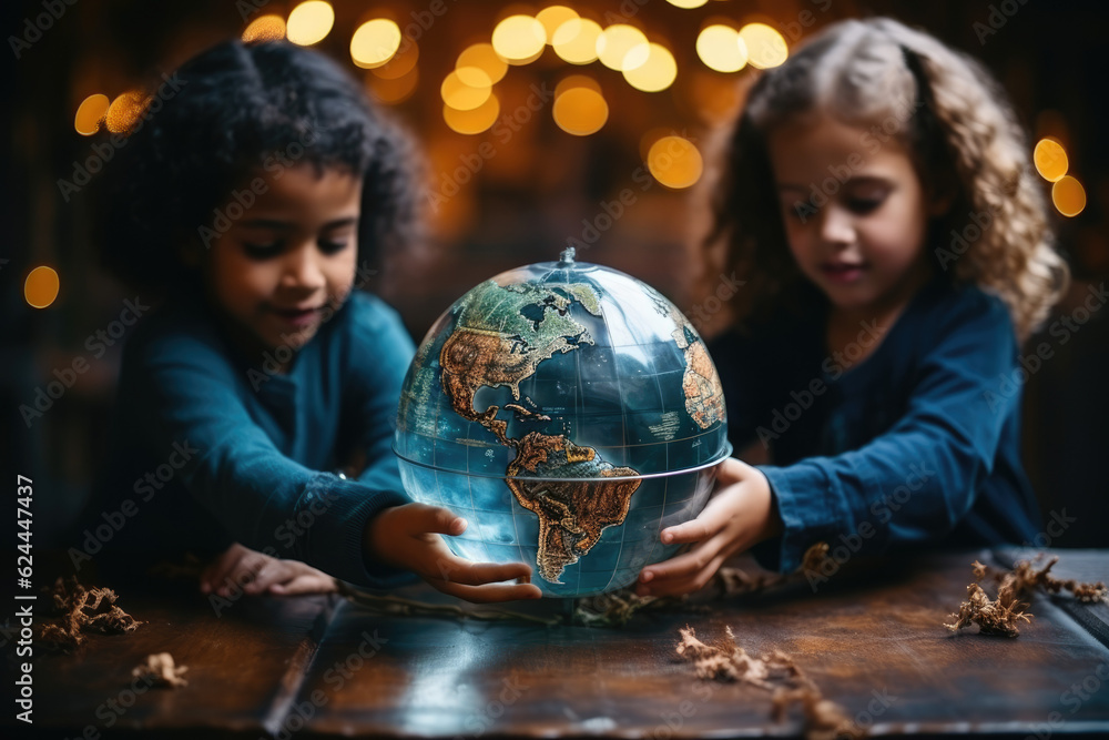 Earth's Embrace. Happy children hugging the Earth globe with their ...