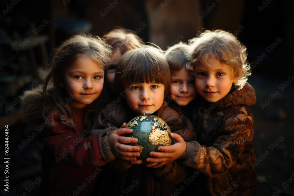 Earth's Embrace. Happy children hugging the Earth globe with their ...