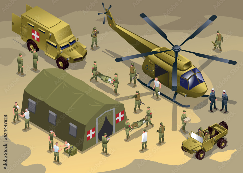 Military field hospital. Helicopter and a military medical car brought ...