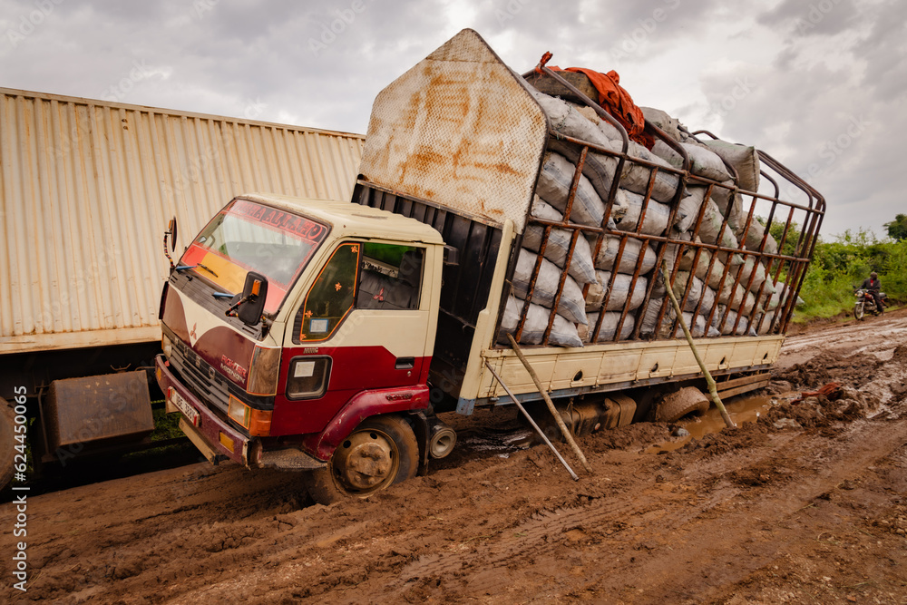 Uganda, Africa - March 24, 2023: Accident scene of a large semi trucks ...