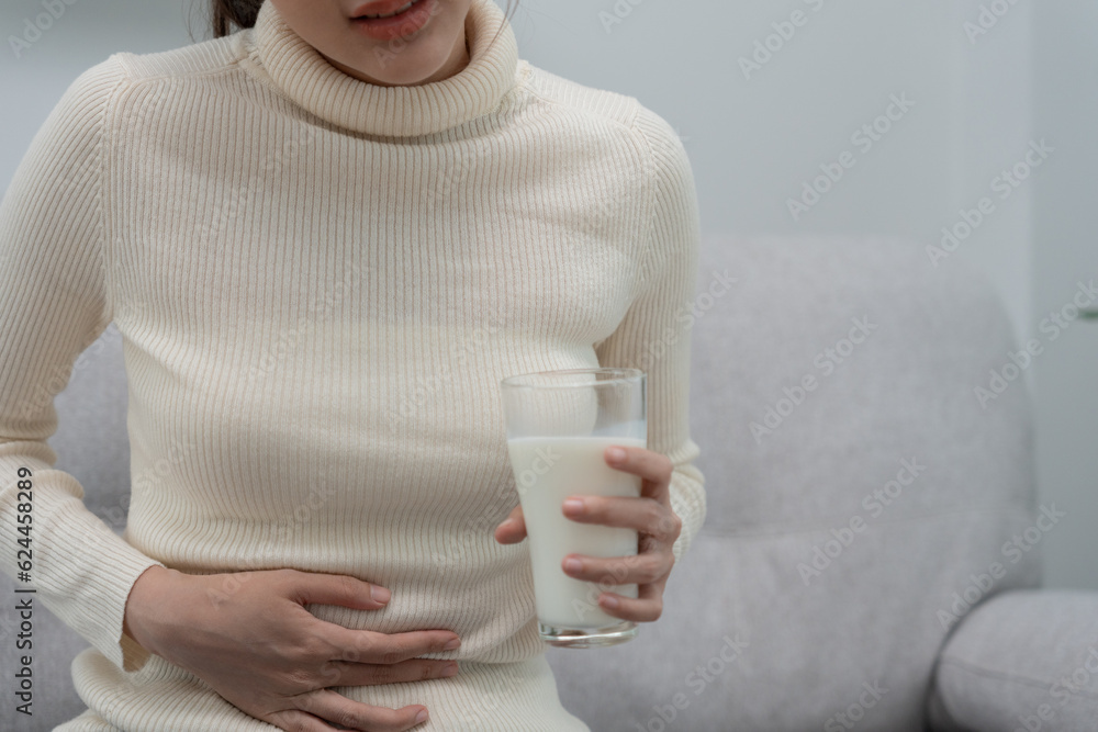 Milk allergens, Sick sad unhealthy ill allergic woman, runny stuffy ...