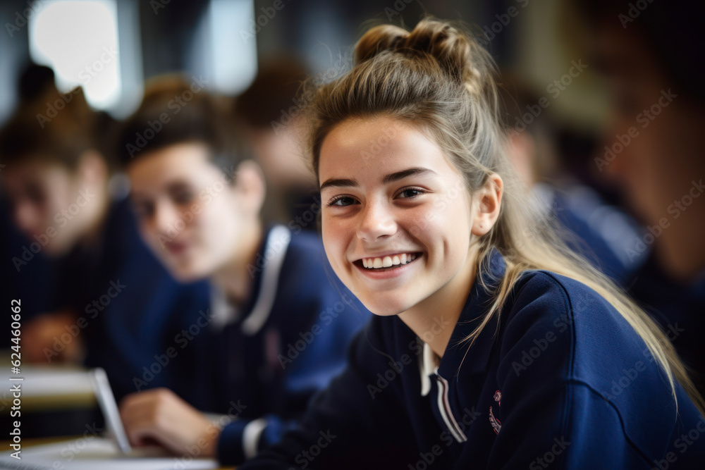 Generative AI image of smiling female in blue uniform sitting on ...