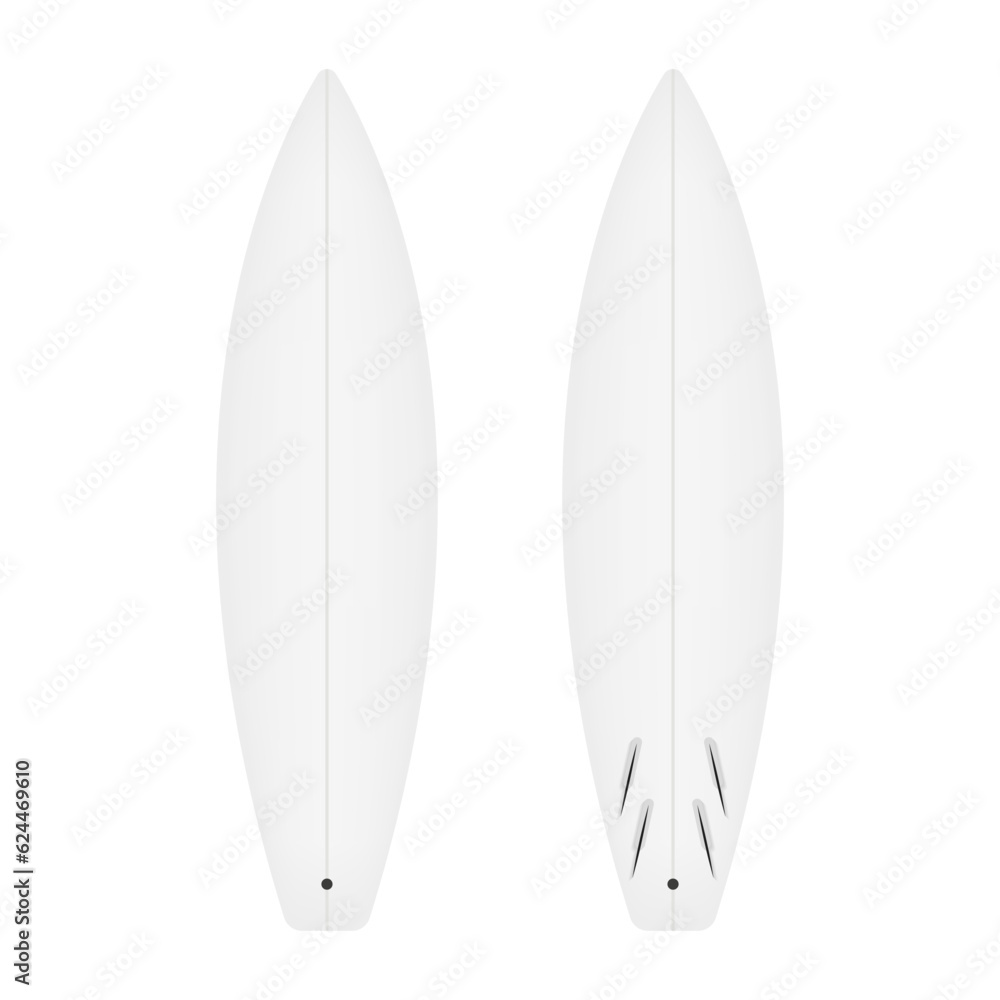 Two-sided blank surfboard isolated on white background. Front, back ...