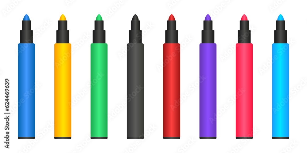 Colored markers with black body and lid realistic set. Open felt or ...