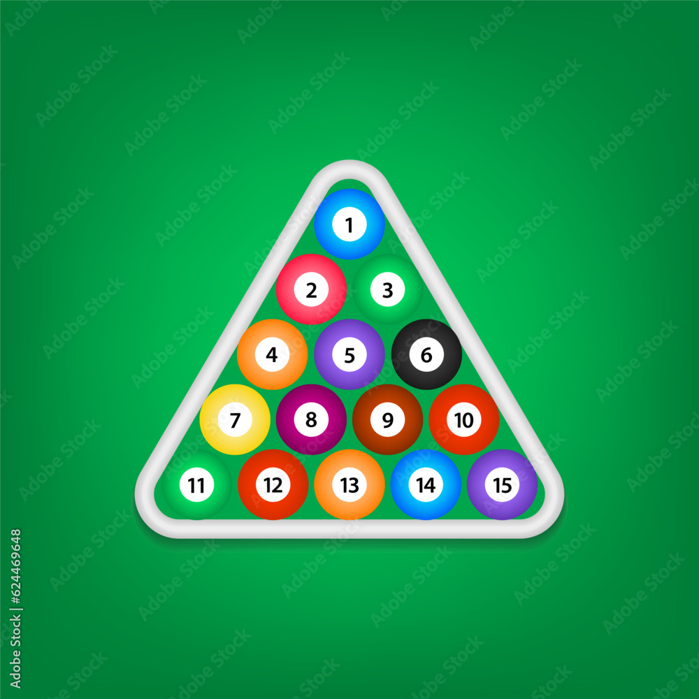 Pool or American billiards balls in triangle on the billiard table ...