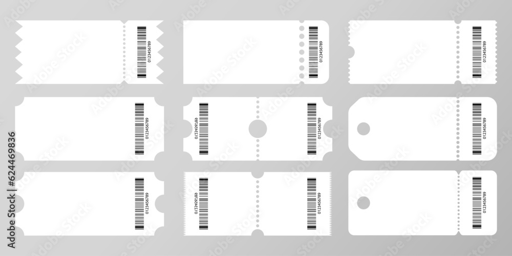Blank ticket mockup. White tickets with barcodes, empty coupon and ...