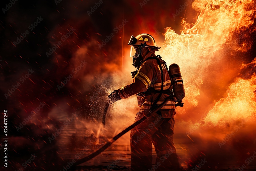 fireman using water and extinguisher to fighting with fire flame in an ...