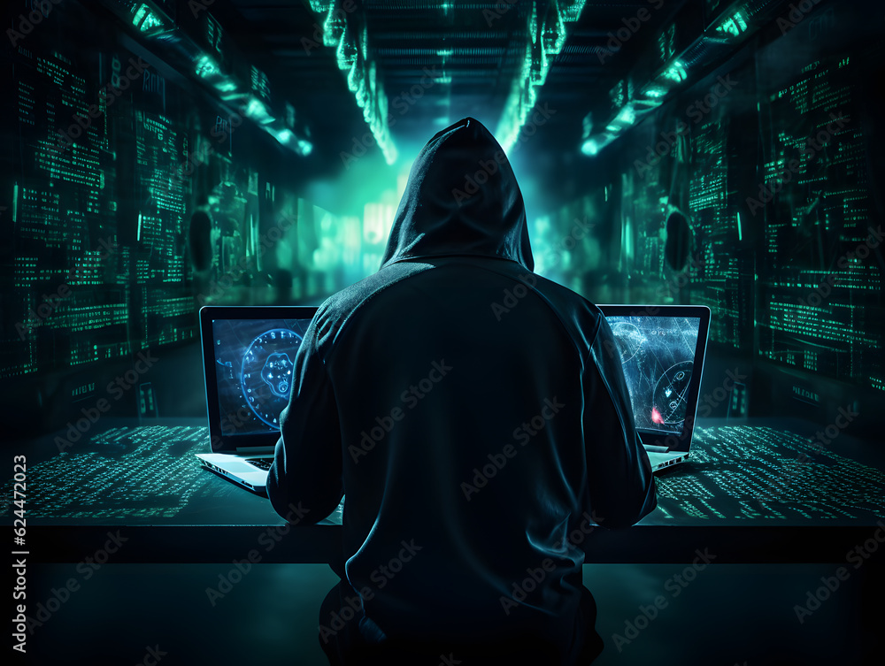 Cyber security concept. Cyber crime hacker with laptop. Abstract binary code digital interface ...