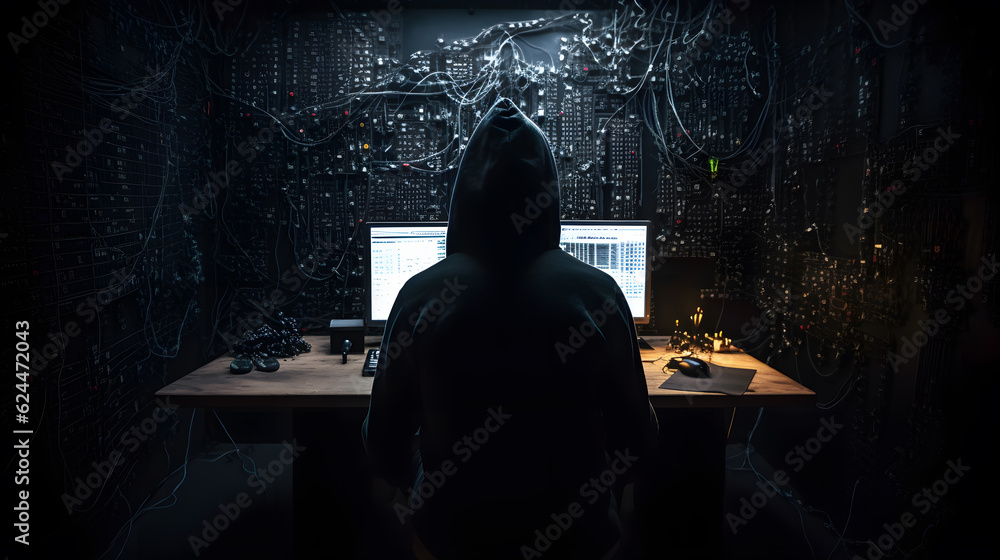 Cyber security concept. Cyber crime hacker with laptop. Abstract binary code digital interface ...