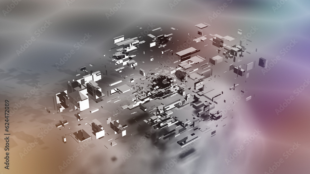 Rendering of scattered 3D pieces, revealing intricate details, vibrant ...