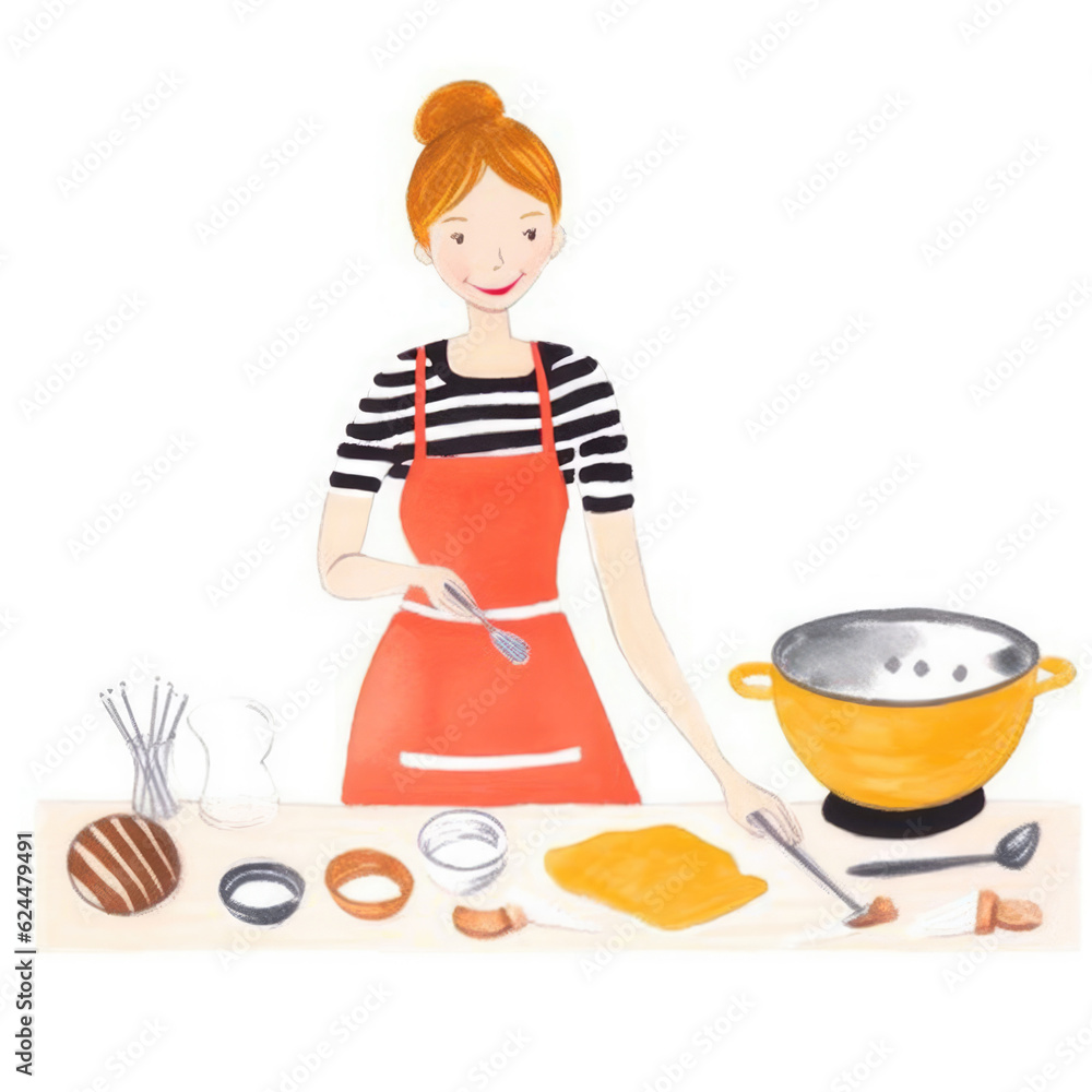 Culinary Creativity Illustration watercolor: Red-Headed Baker Making a ...