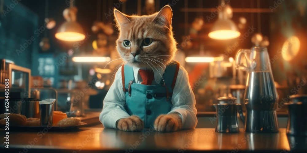 Portrait a cat dressed as a barista serving coffee, generative ai Stock ...
