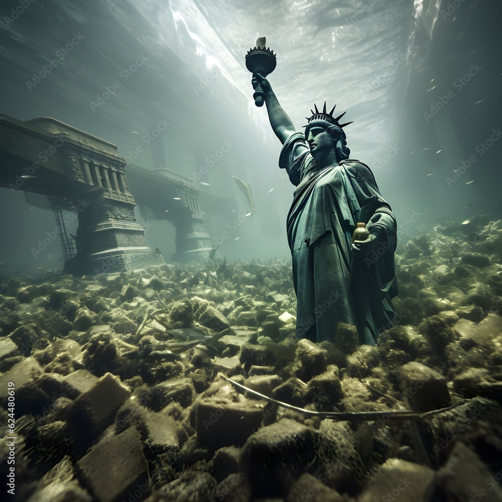 A haunting scene of New York City submerged underwater after ...