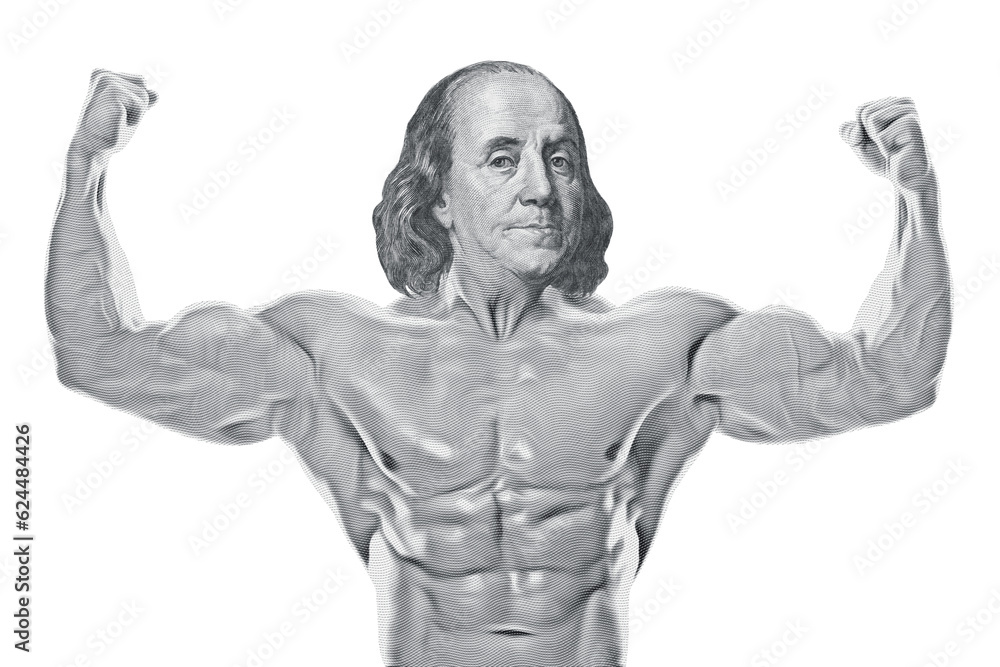 Muscular Benjamin Franklin showing double biceps isolated on white ...