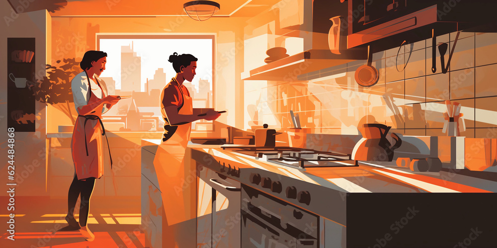 Cubist style illustration, showing an influencer cooking a meal for a ...