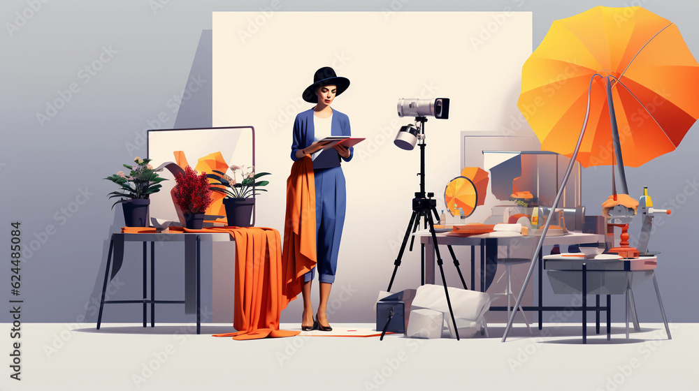 Stylized, vector art of an influencer setting up a photoshoot location ...