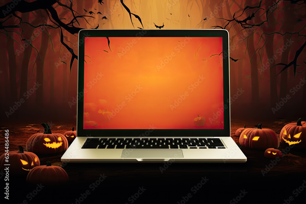 Advertising poster mockup with laptop for halloween sales. Stock ...
