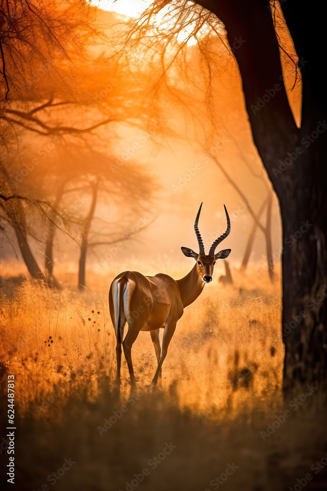Impala in the dry grass of savanna at sunset. Amazing African wildlife ...