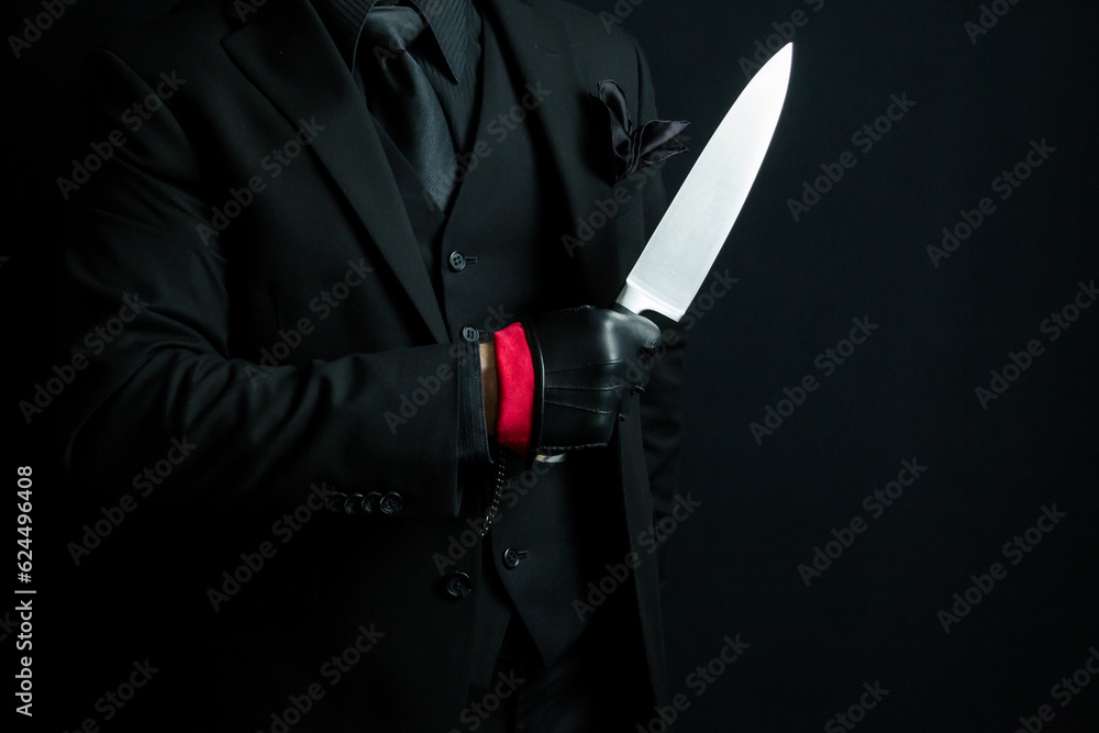 Portrait of Man in Dark Suit and Leather Gloves Holding Knife. Mafia ...