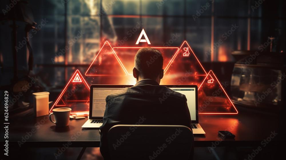 System warning hacked alert, cyber attack on computer network ...