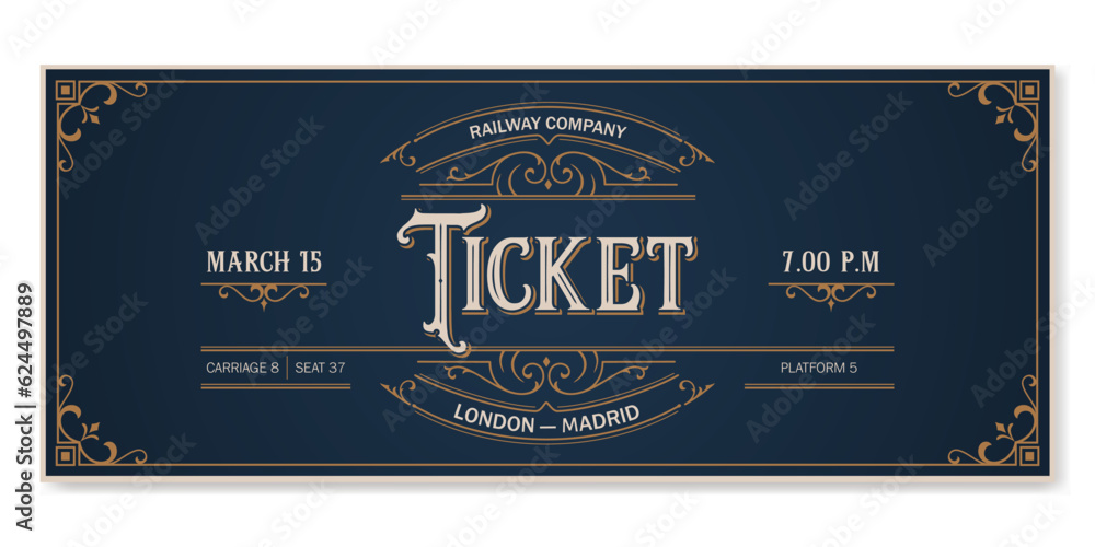Vintage ticket template on a dark blue background with golden ornament ...