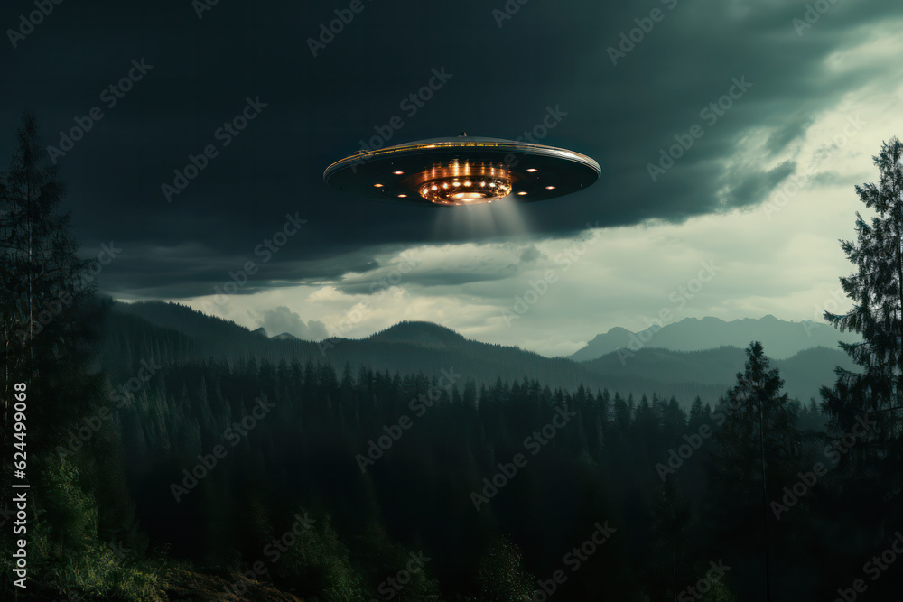 Imposing and majestic depiction of an alien mothership hovering over a ...