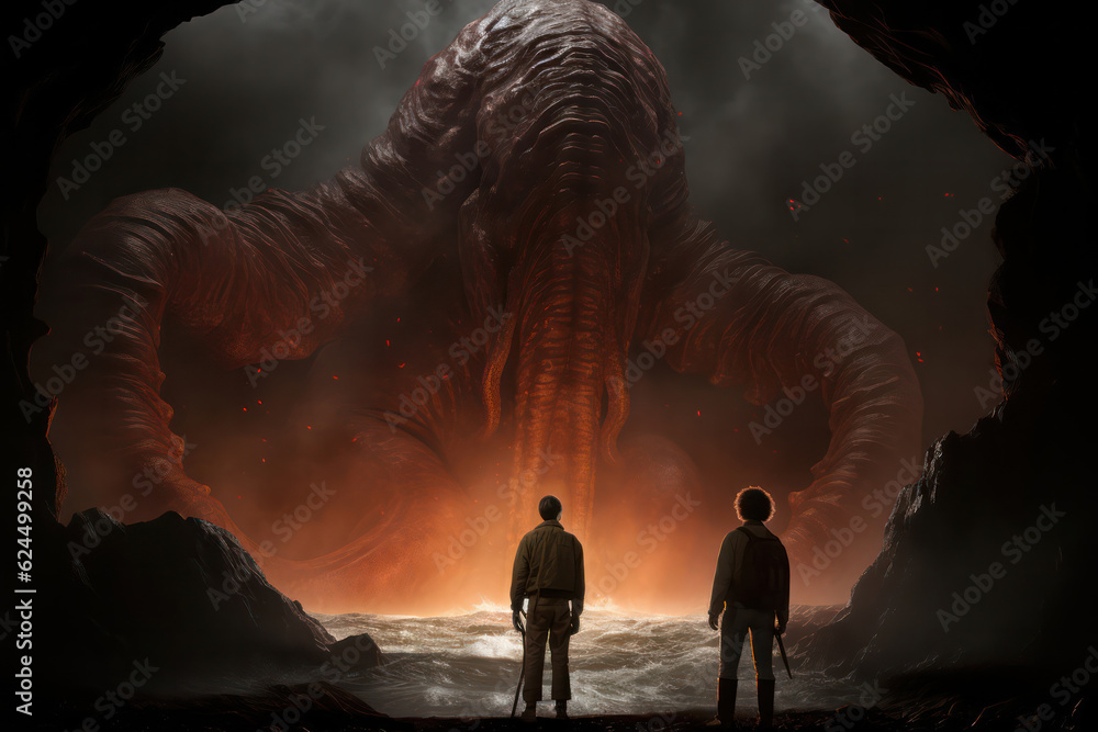 Spectacular view of an alien and a human exploring the depths of an ...