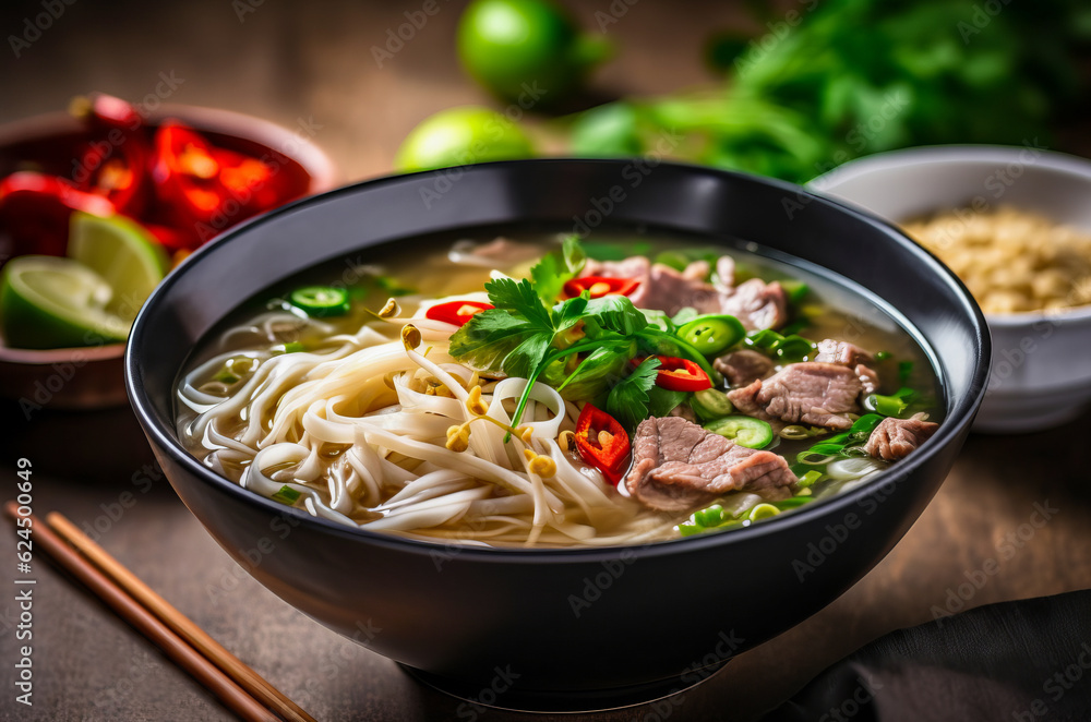 Bowl of Vietnamese Pho beef noodle soup with bean sprouts, chili, and a ...
