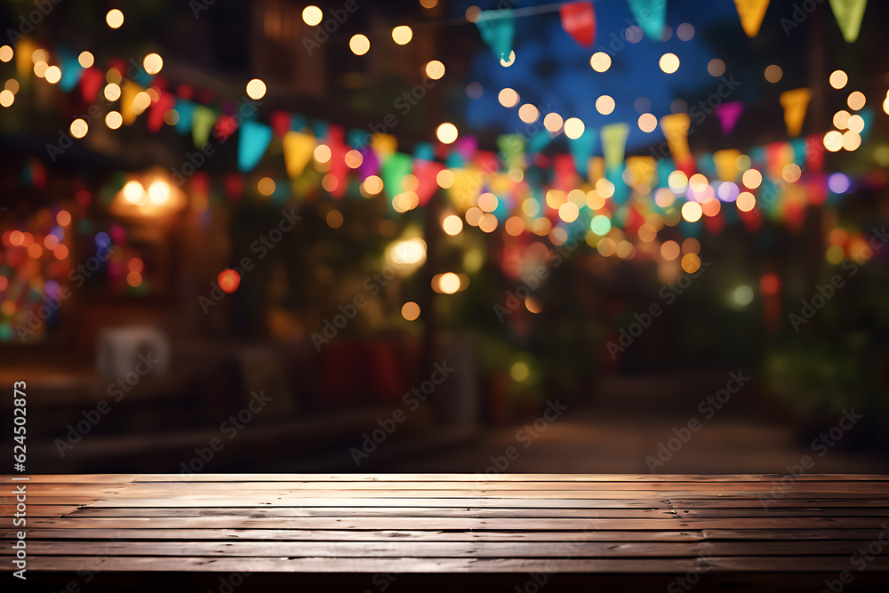 Empty table with Mexican fiesta background out of focus. Stock ...